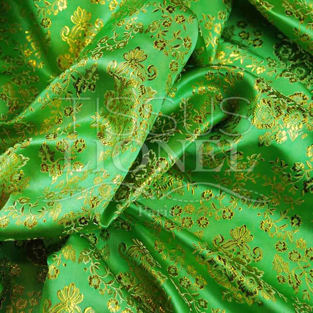 Jacquard lurex vert anis et or fleuris – Tissus Lionel
